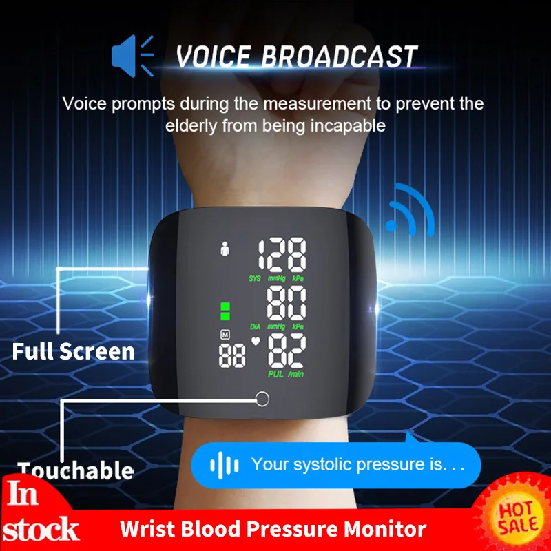 Smart Touch LCD Screen Wrist Blood Pressure Monitor Digital Voice ...